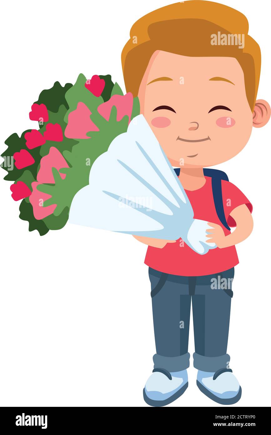 cute little boy student with flowers bouquet character vector ... cute little boy student with flowers bouquet character vector ...