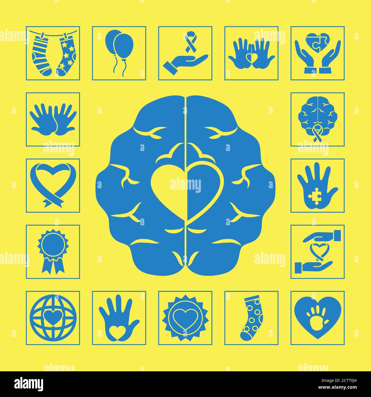 icon set of brain and down syndrome over yellow background, silhouette ...
