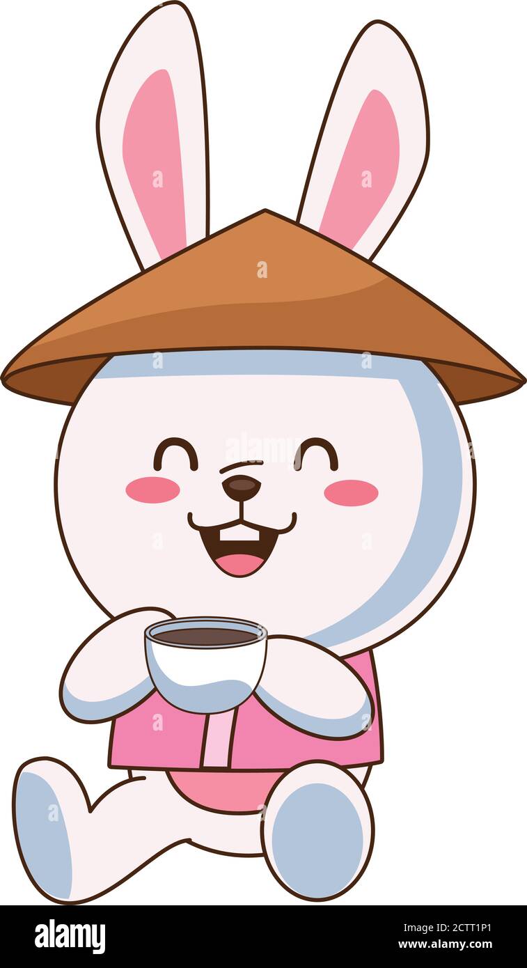 cute mid autumn rabbit with chinese hat character vector illustration ...