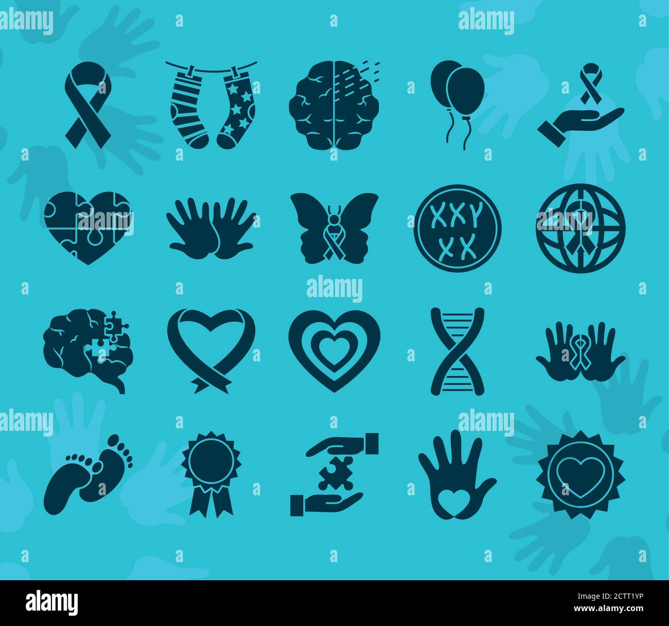 ribbon and down syndrome icon set over blue background, silhouette ...