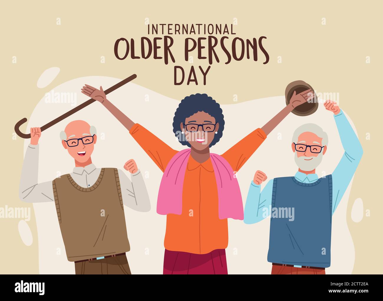 international older persons day lettering with old people group vector ...