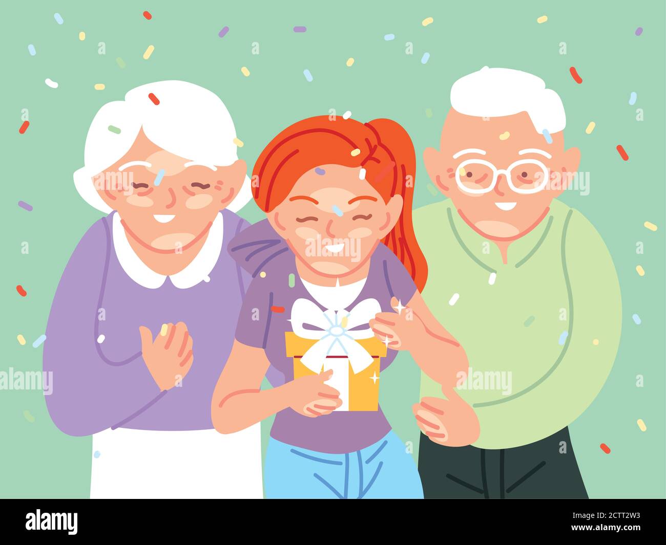 girl with grandparents cartoons opening gift design, happy birthday ...