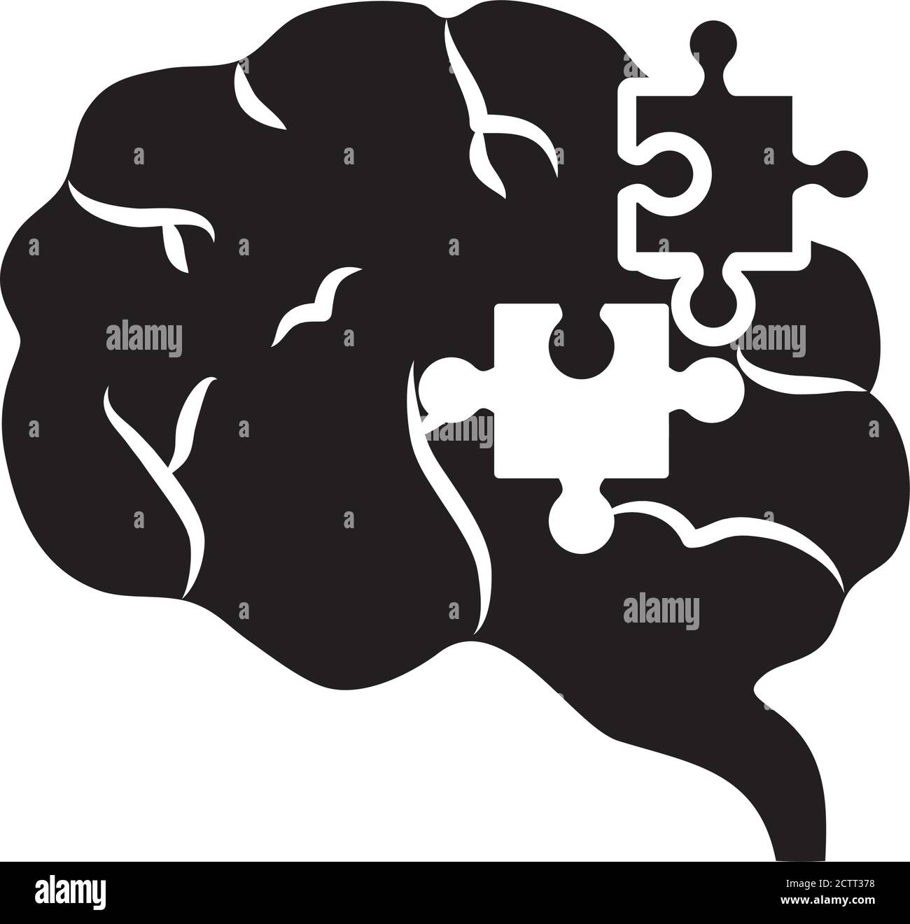 brain with jigsaw piece icon over white background, silhouette style ...