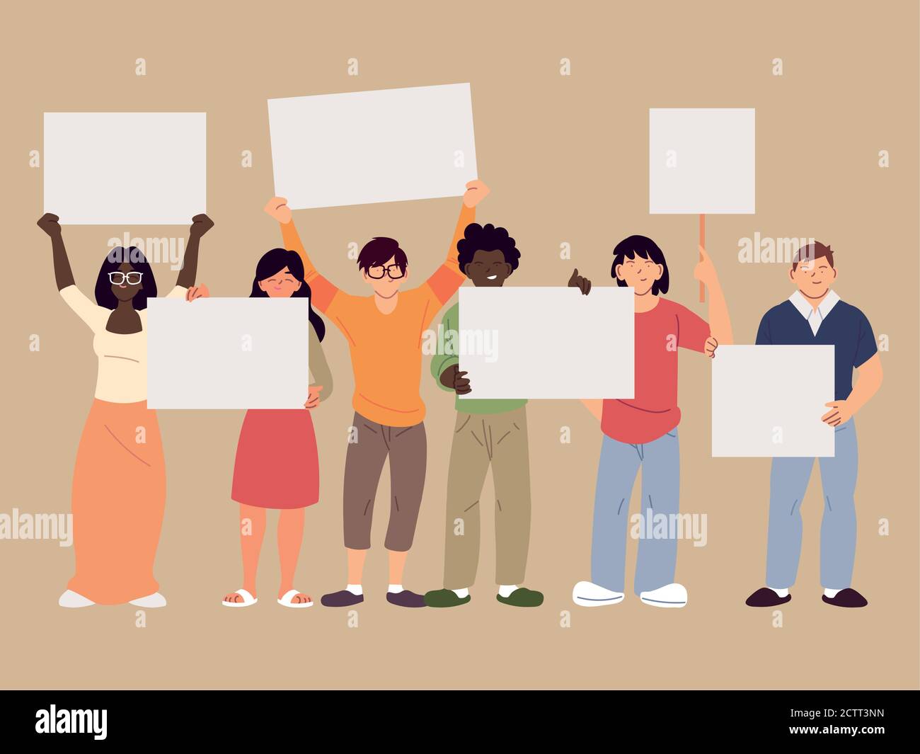women and men cartoons with banners boards design, Manifestation ...