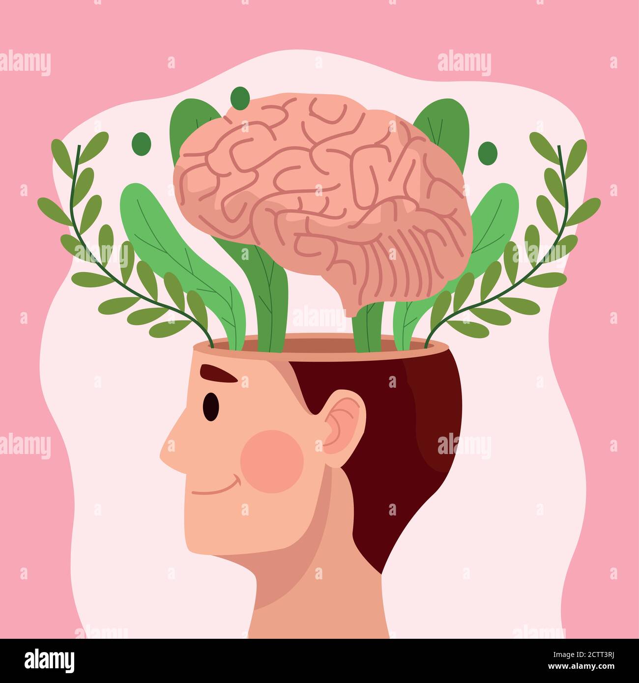mental health day man profile and brain with leafs vector illustration ...