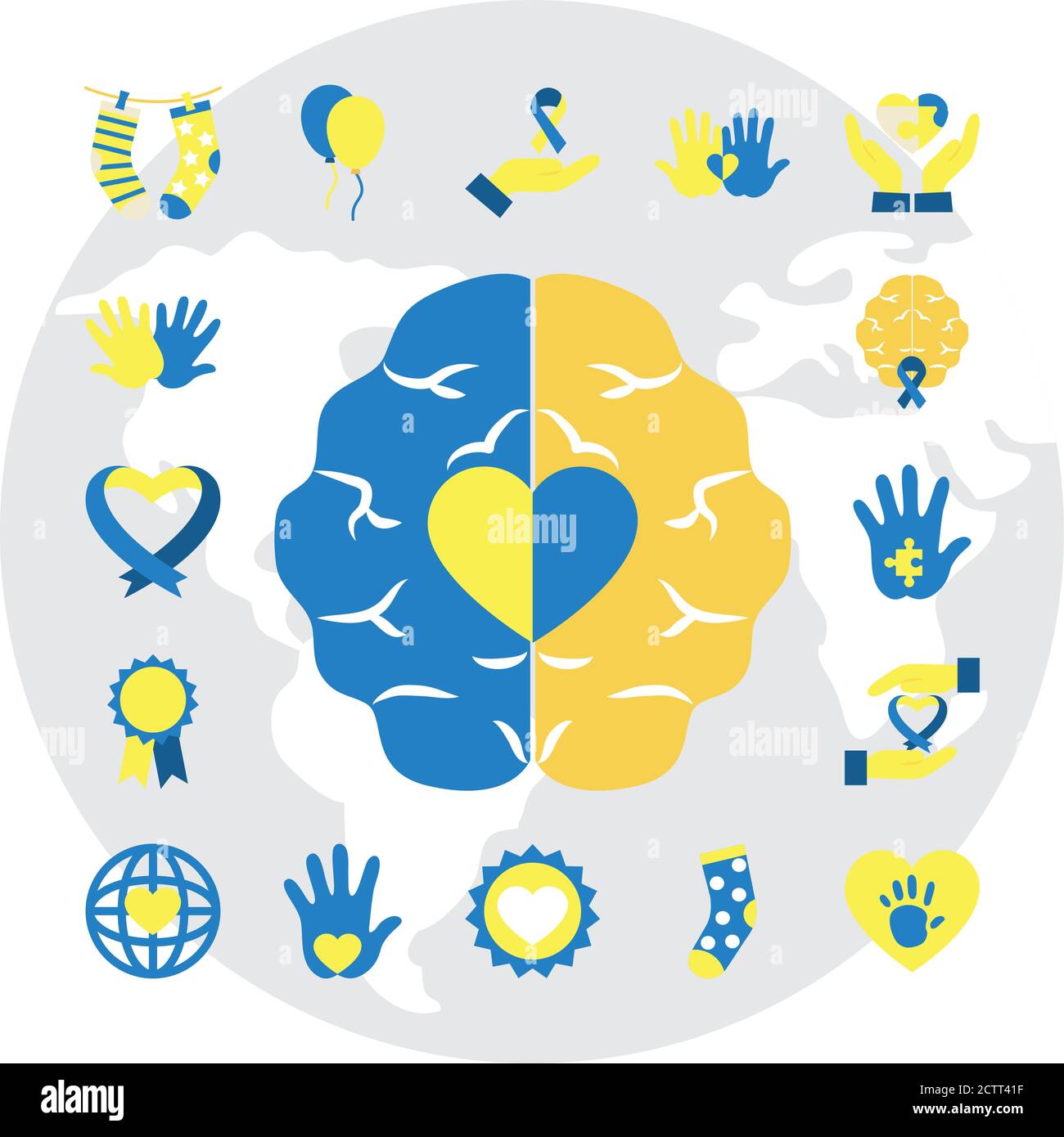 icon set of brain and down syndrome over white background, silhouette ...