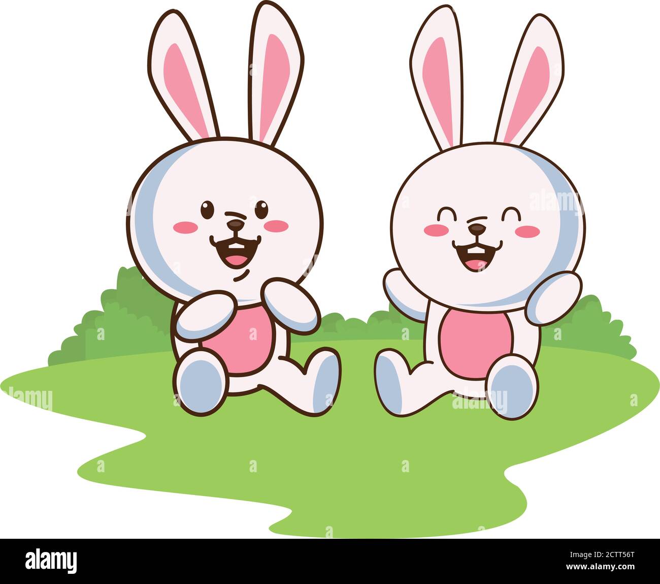 cute little rabbits couple characters in the field scene vector ...