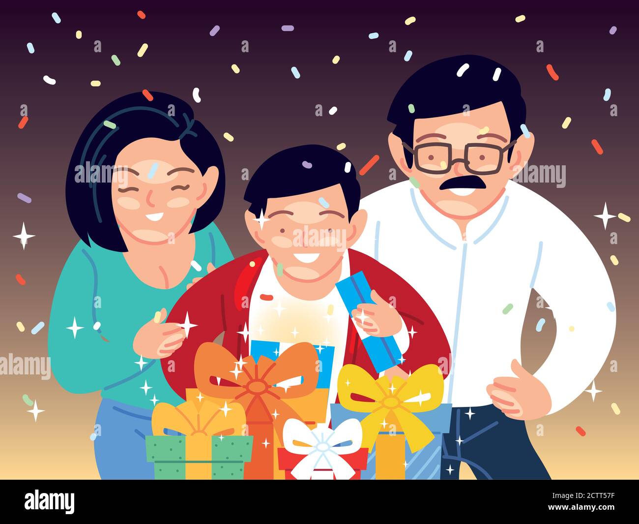 boy with parents cartoons opening gifts design, happy birthday ...