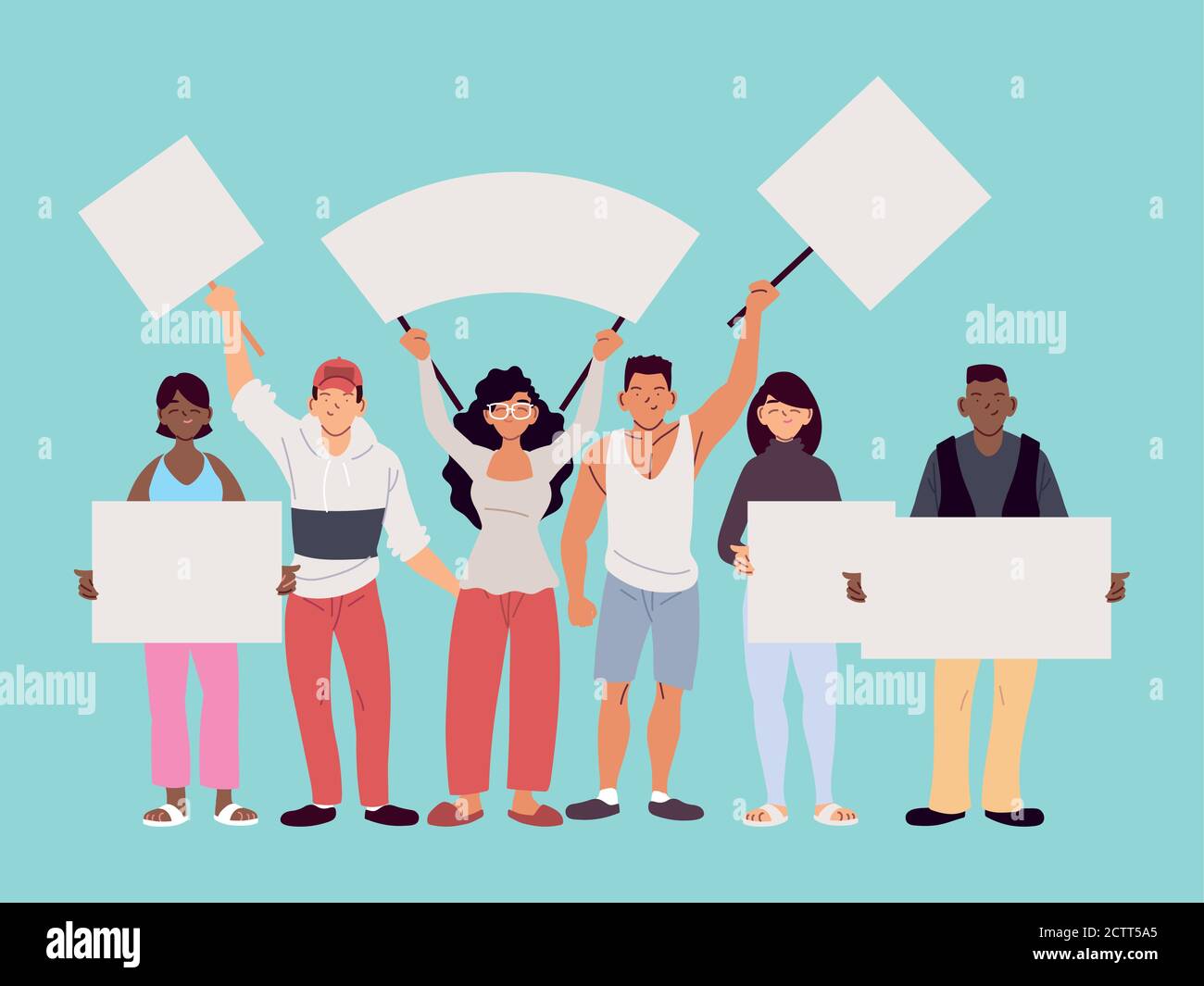 women and men cartoons with banners boards on blue background design ...