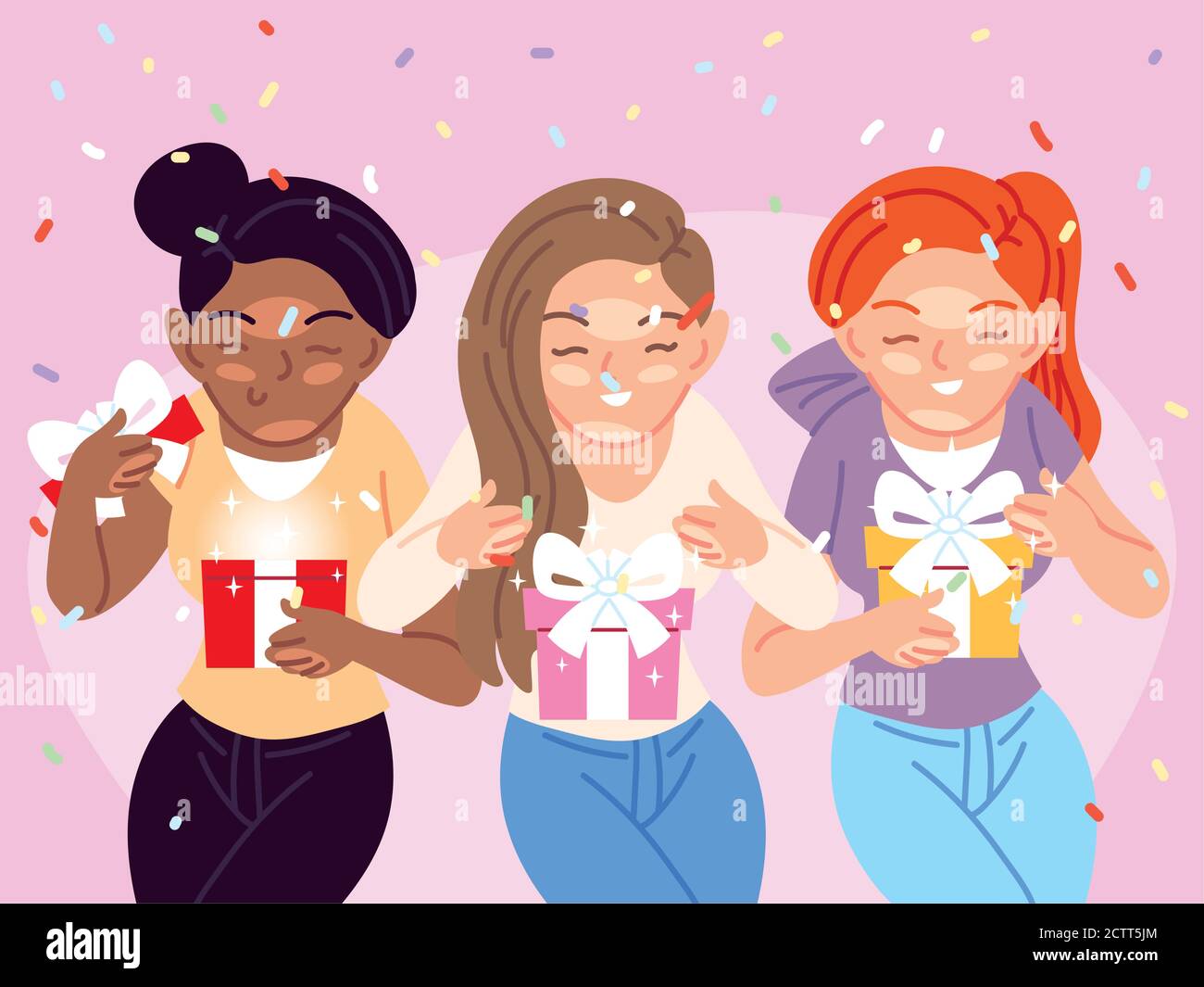 girls cartoons opening gifts design, happy birthday celebration ...