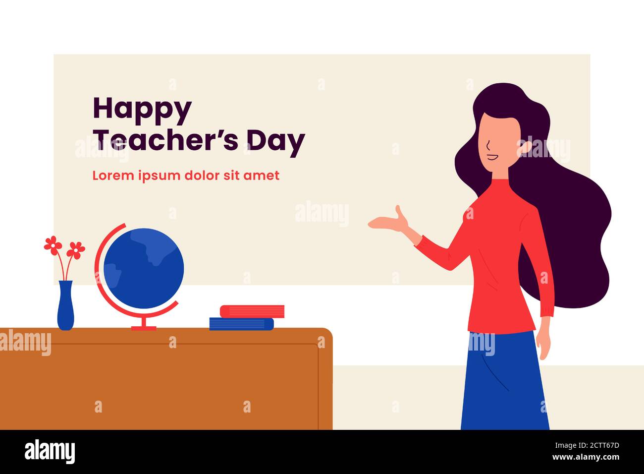 Happy teacher's day background poster template. Long hair woman teacher ...