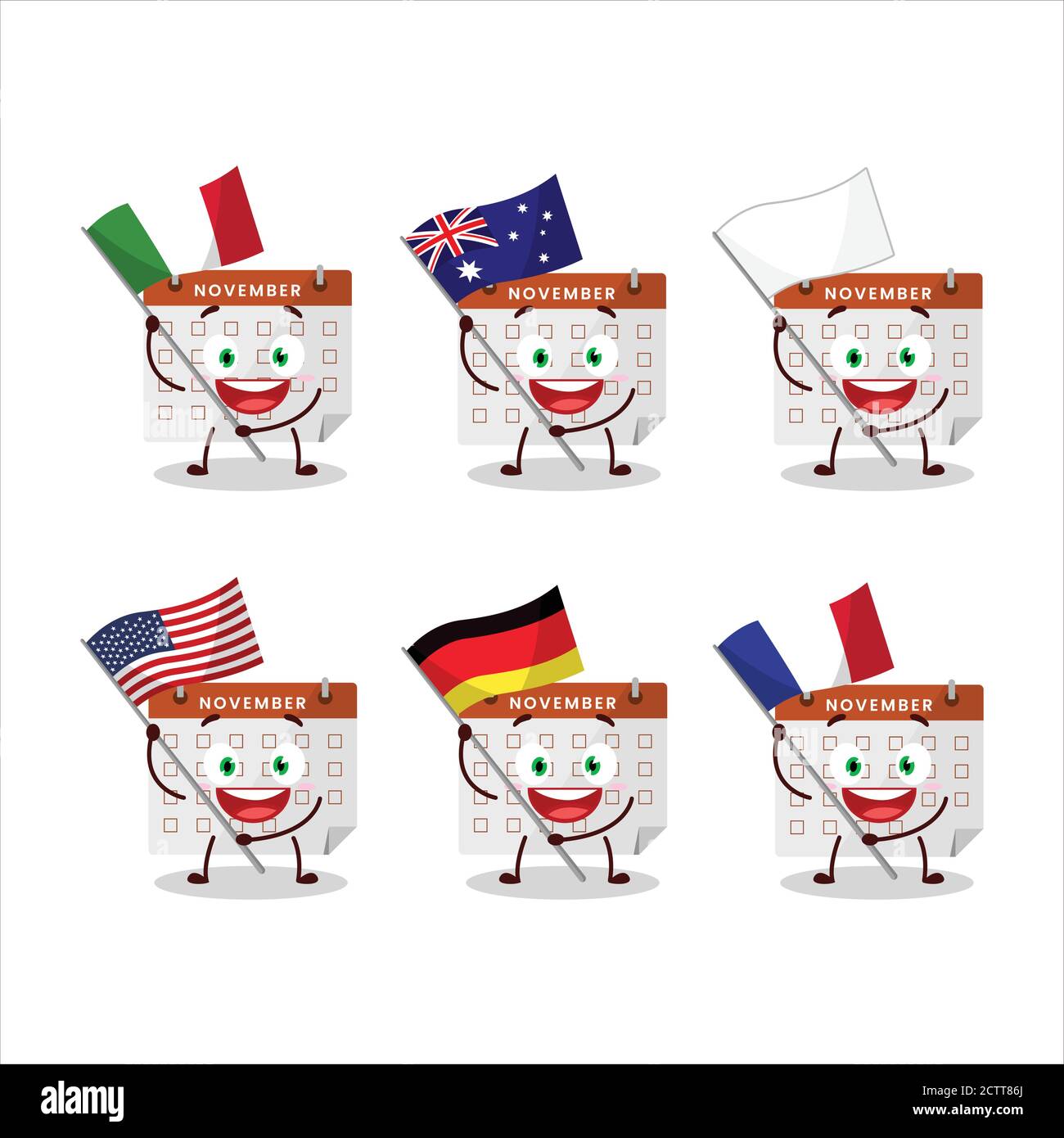 Thanksgiving calendar cartoon character bring the flags of various ...