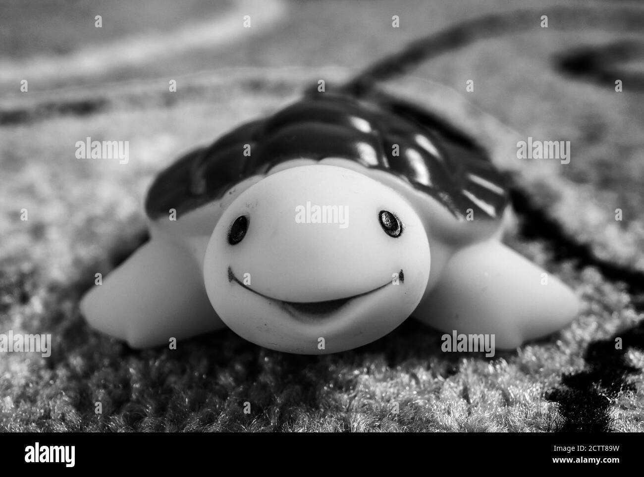 Grayscale shot of a plastic toy turtle on soft carpet Stock Photo - Alamy