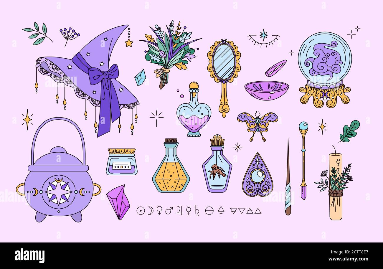 Isolated set of magic elements. Witchcraft collection good witch items ...