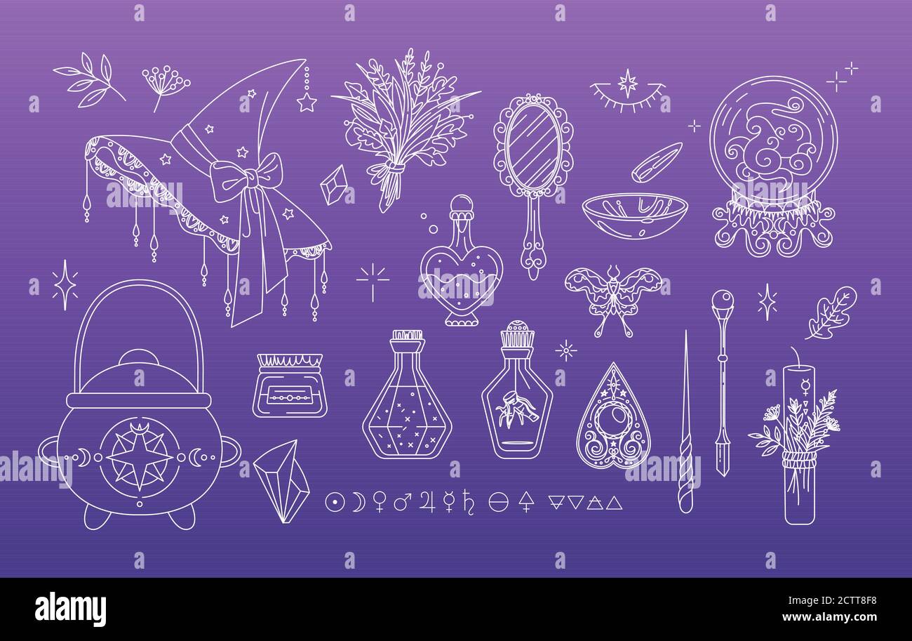 Isolated set of magic elements. Witchcraft collection good witch items - little drawings in ...