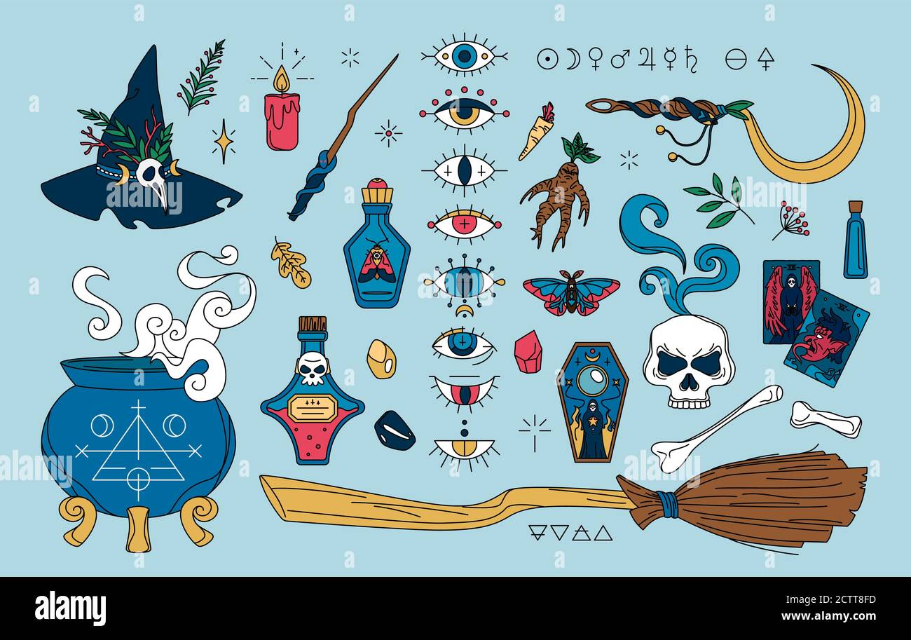 Magic elements set, witchcraft collection. Witch hat, cauldron, broom Stock Vector Image & Art ...