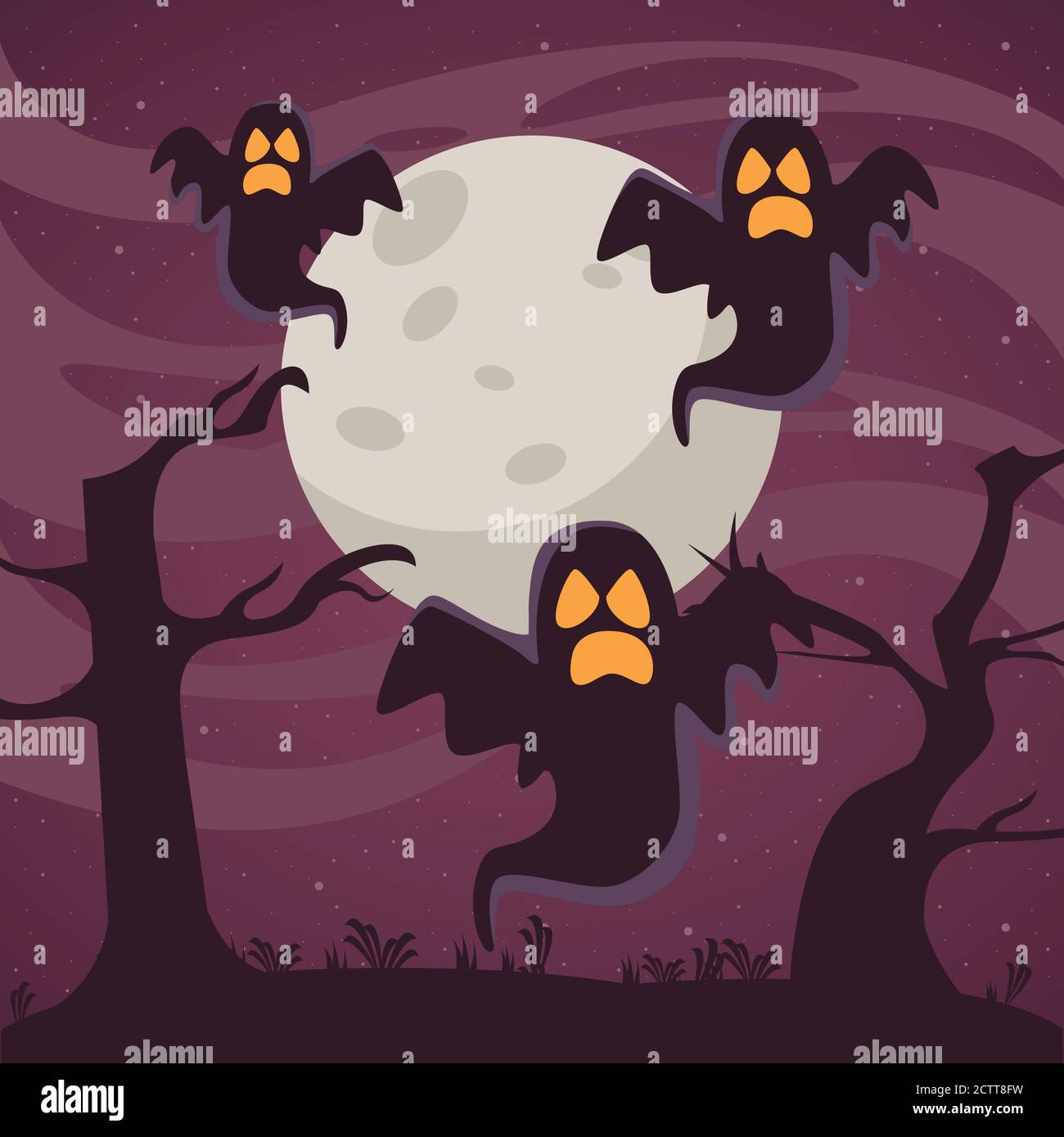 halloween ghosts floating at night scene vector illustration design ...
