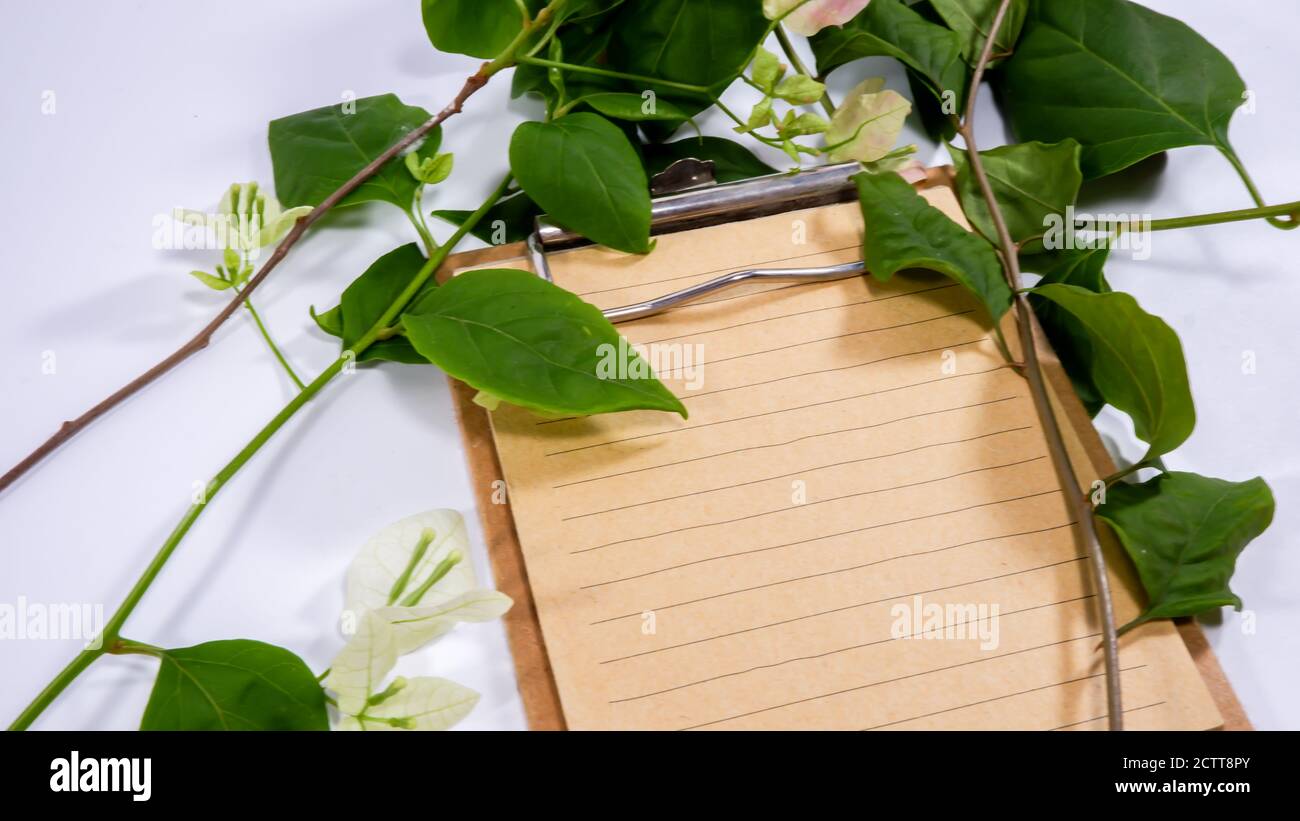 Kraft paper notepad with leaf stems and flowers Stock Photo - Alamy