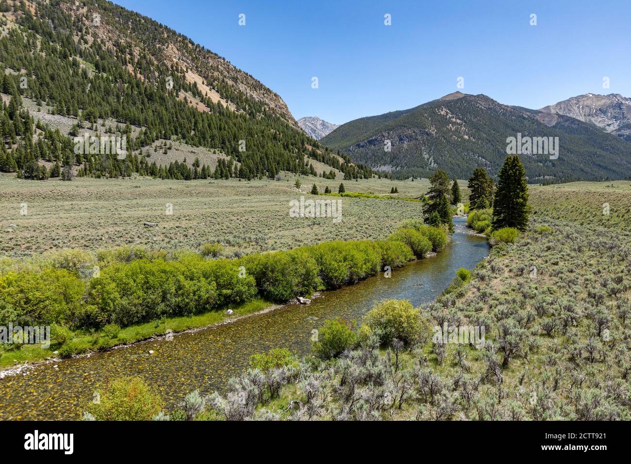 USA, Idaho, Sun Valley, Landscape with river and mountains Stock Photo ...
