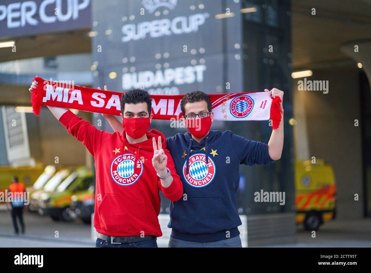 Budapest, Hungary, 24th September 2020. FCB Fans in the stadium area in ...
