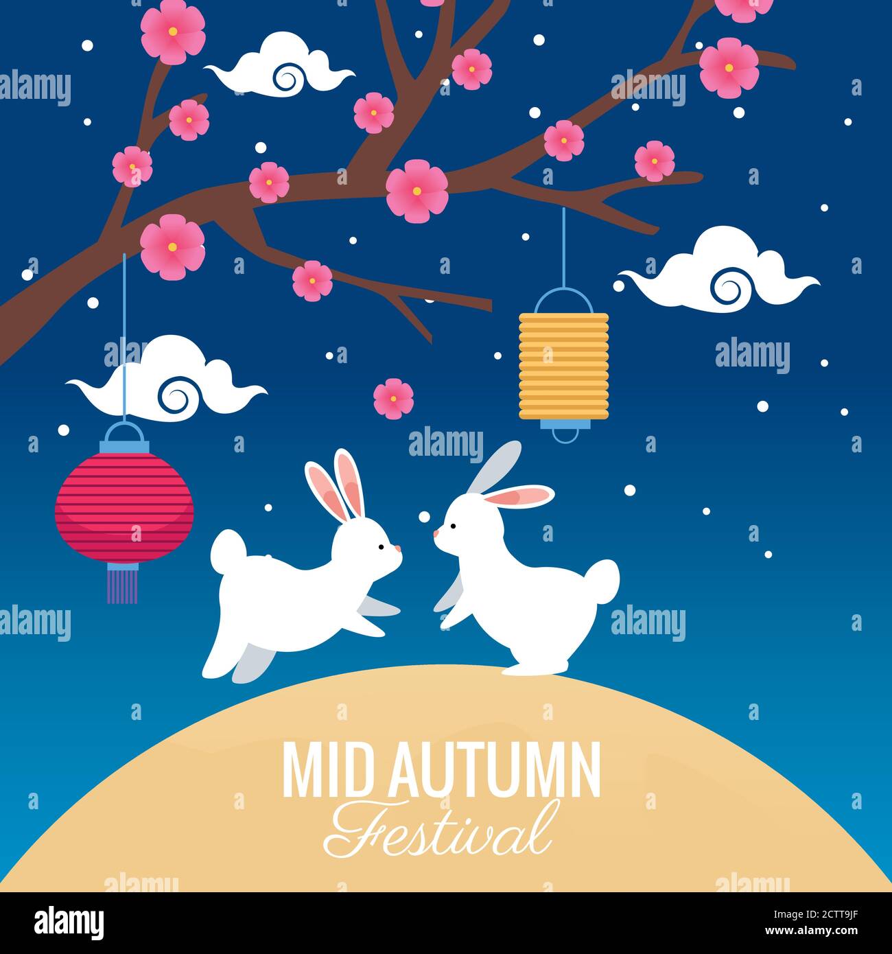 mid autumn festival celebration with flowers tree and rabbits vector ...