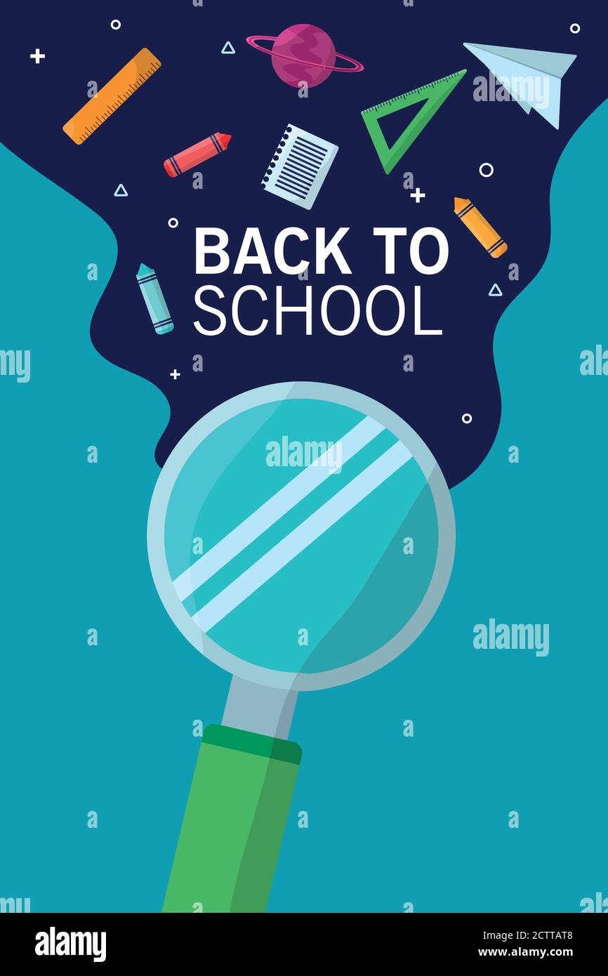 back to school lettering season with magnifying glass and supplies flow ...
