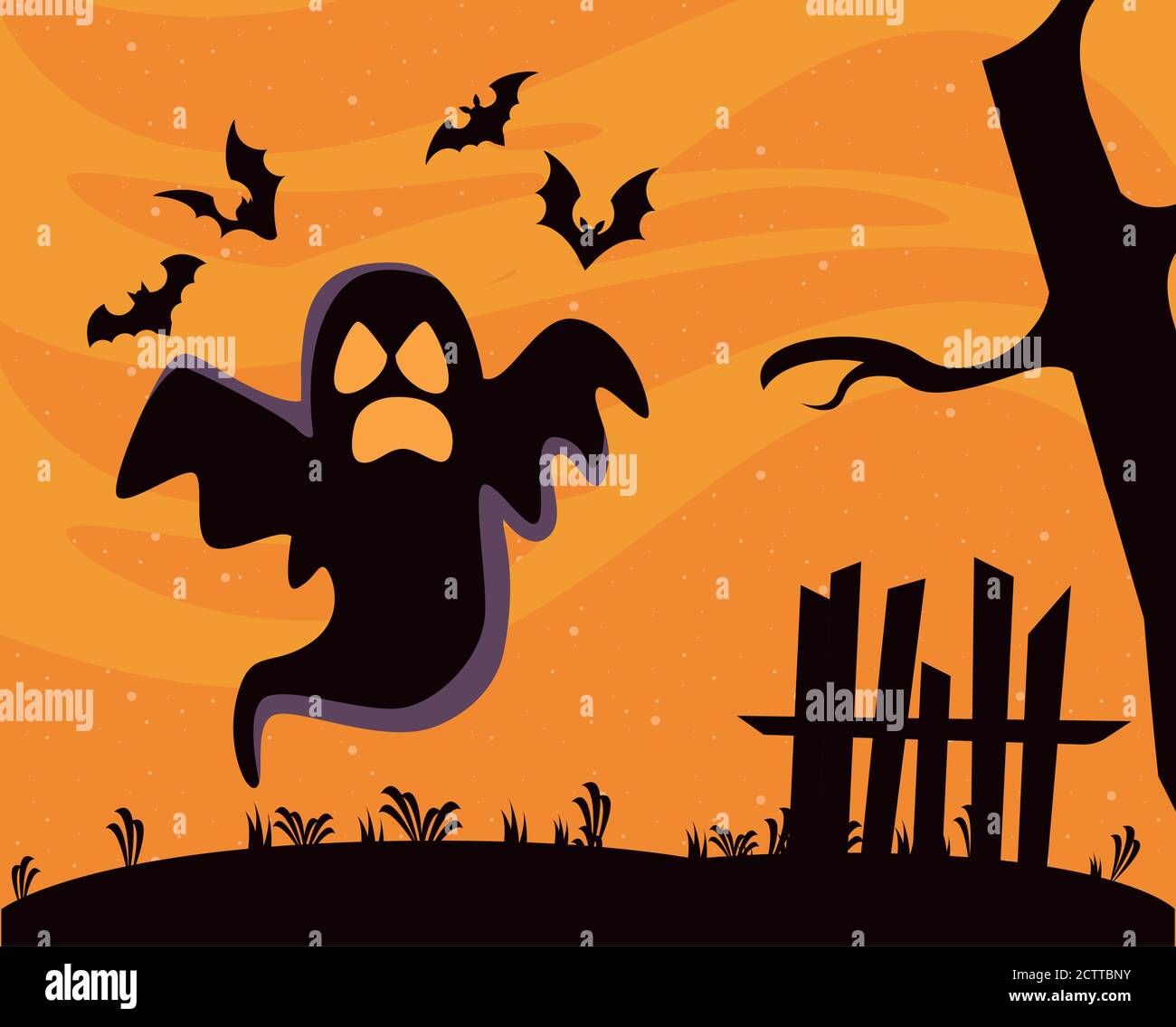 halloween bats flying with ghost scene vector illustration design Stock ...