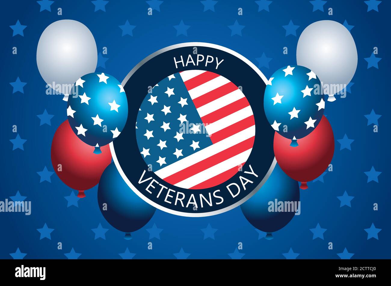 happy veterans day lettering in button with balloons helium vector ...