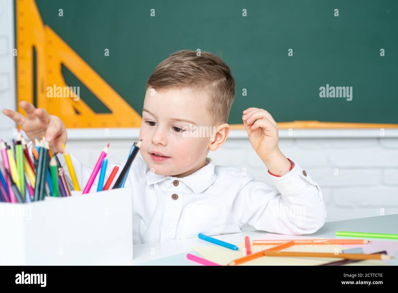 Home schooler. Concept of education and reading. Cute little boy ...