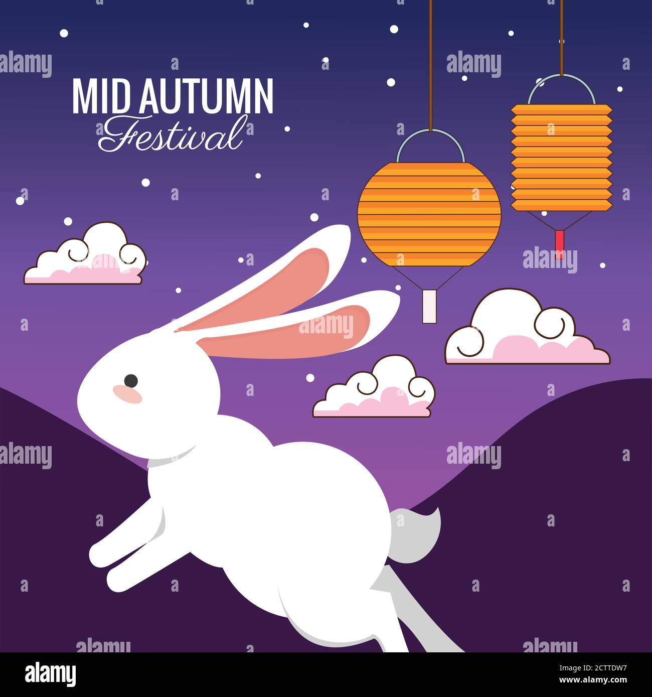 mid autumn celebration card with rabbit jumping and lanterns vector ...