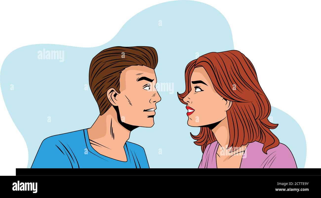 young couple speaking pop art style characters vector illustration ...