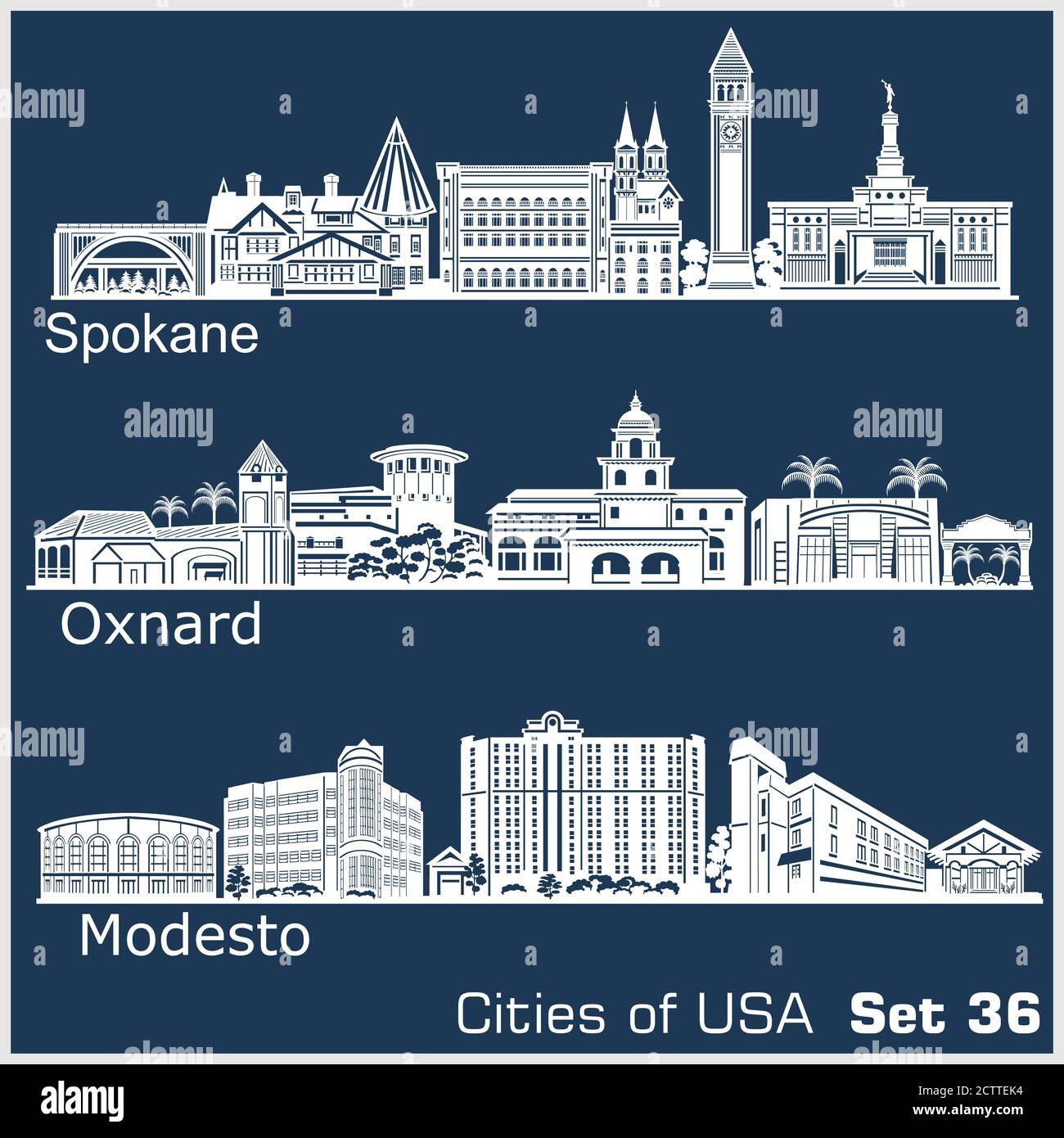 Cities of USA - Oxnard, Modesto, Spokane. Detailed architecture. Trendy ...