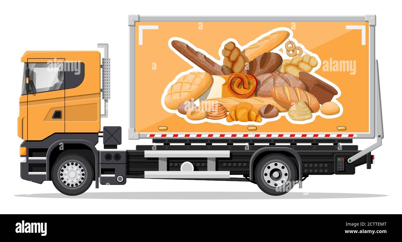 Truck car full of bread products. Shop and farm delivering service ...