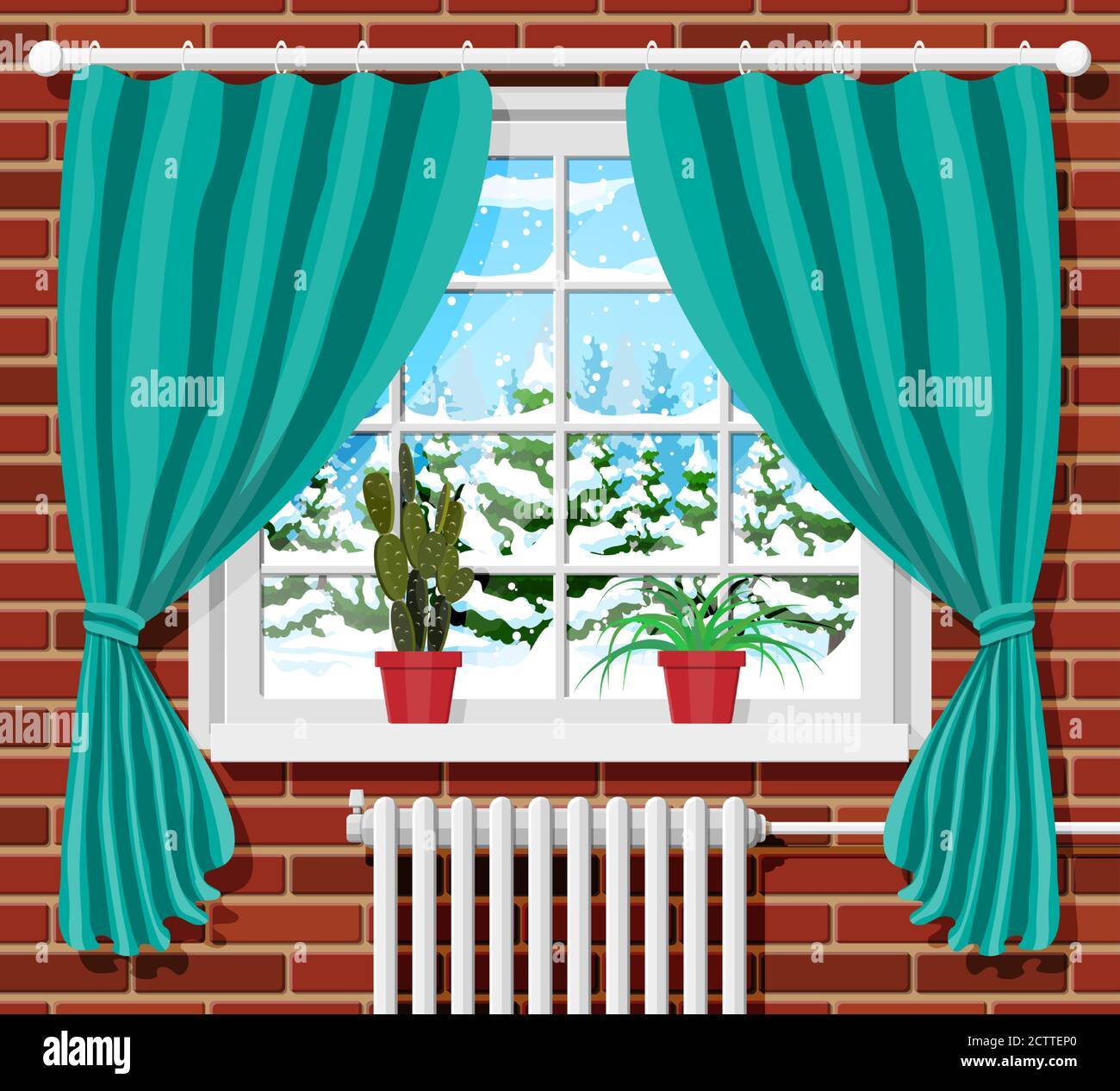 Winter window with green curtains, view from the room. Home plant on ...