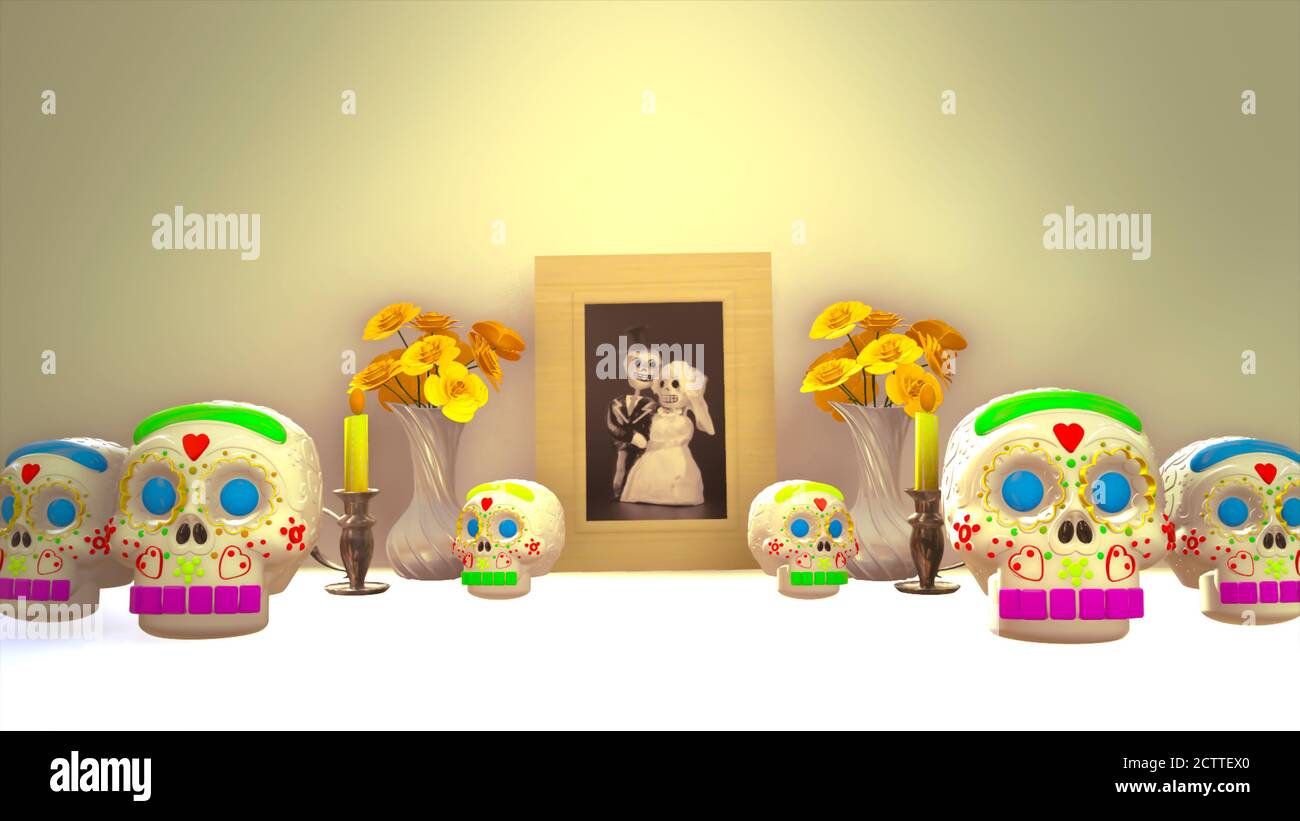 A traditional Day of the dead, Mexican ofrenda with a picture of skulls ...