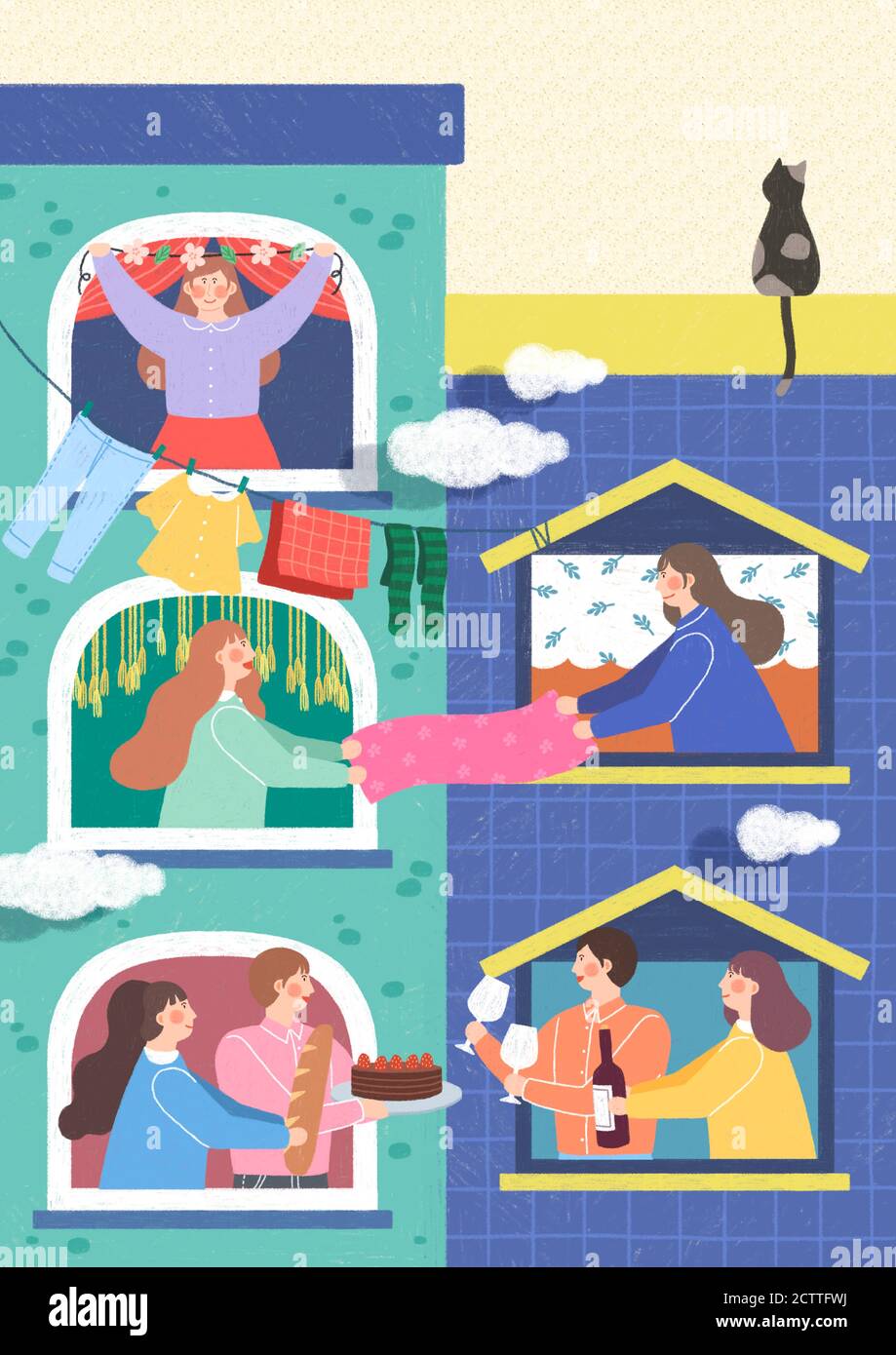 Human life concept, windows with neighbors in flat design illustration ...