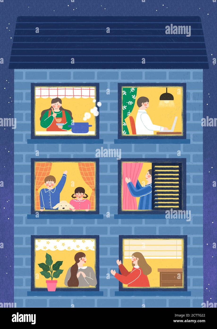 Human life concept, windows with neighbors in flat design illustration ...