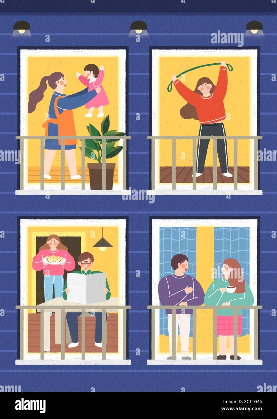 Human life concept, windows with neighbors in flat design illustration ...