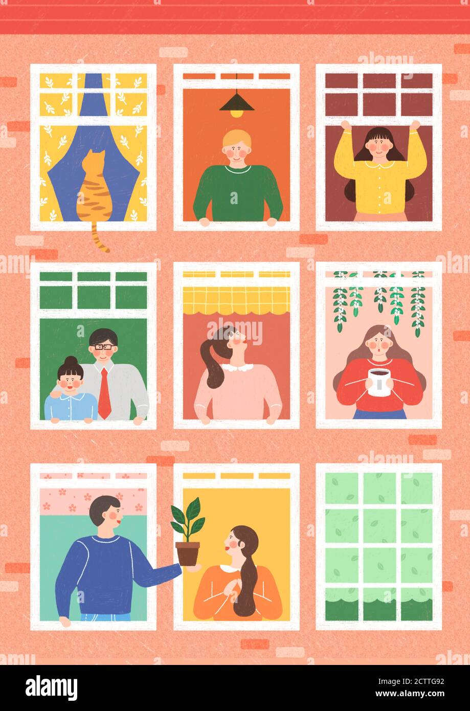 Human life concept, windows with neighbors in flat design illustration ...