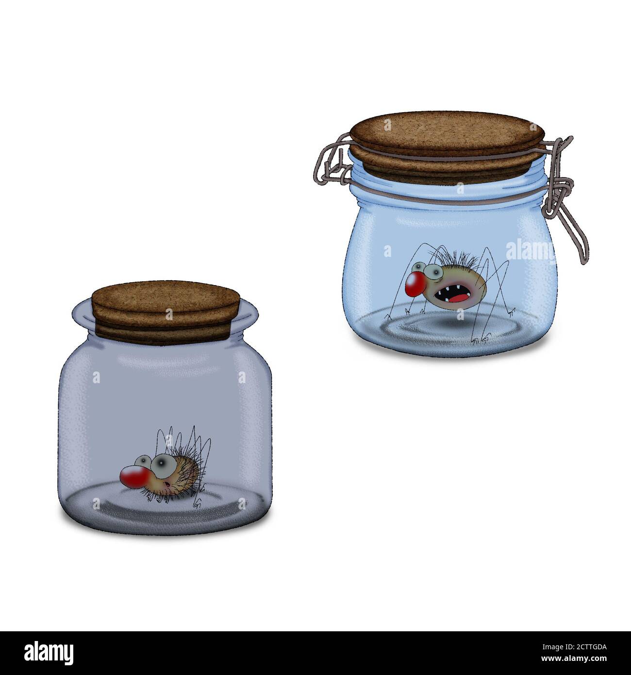 Glass jar with wooden lid with spider inside. Illustration in two ...
