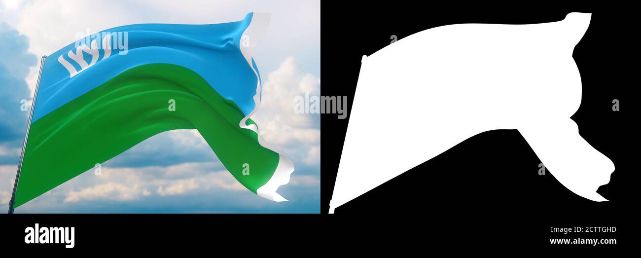 Flag of Khanty-Mansi Autonomous Okrug. High resolution close-up 3D ...