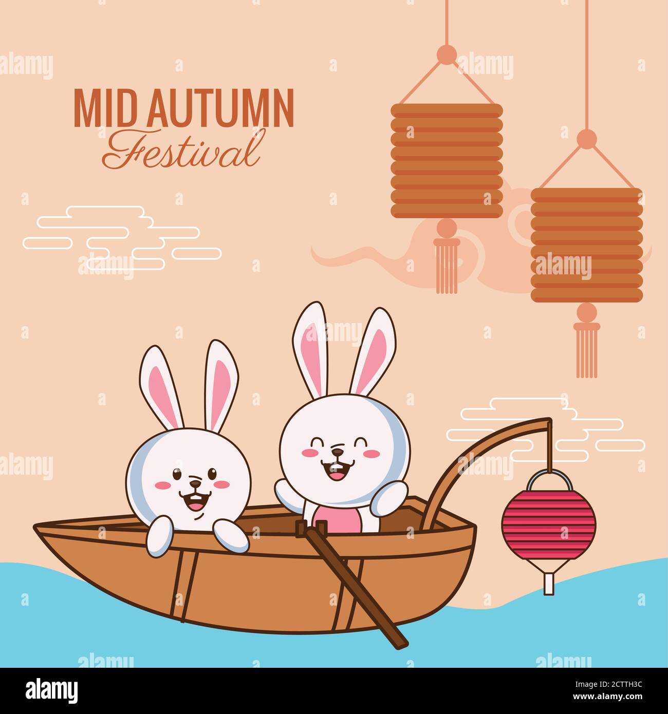 mid autumn celebration card with rabbits couple in boat vector ...