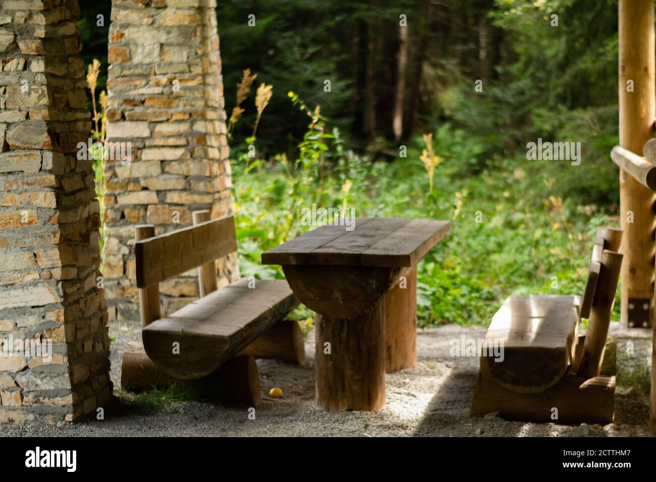 Outdoor relaxing place, wooden furniture for rest time Stock Photo - Alamy