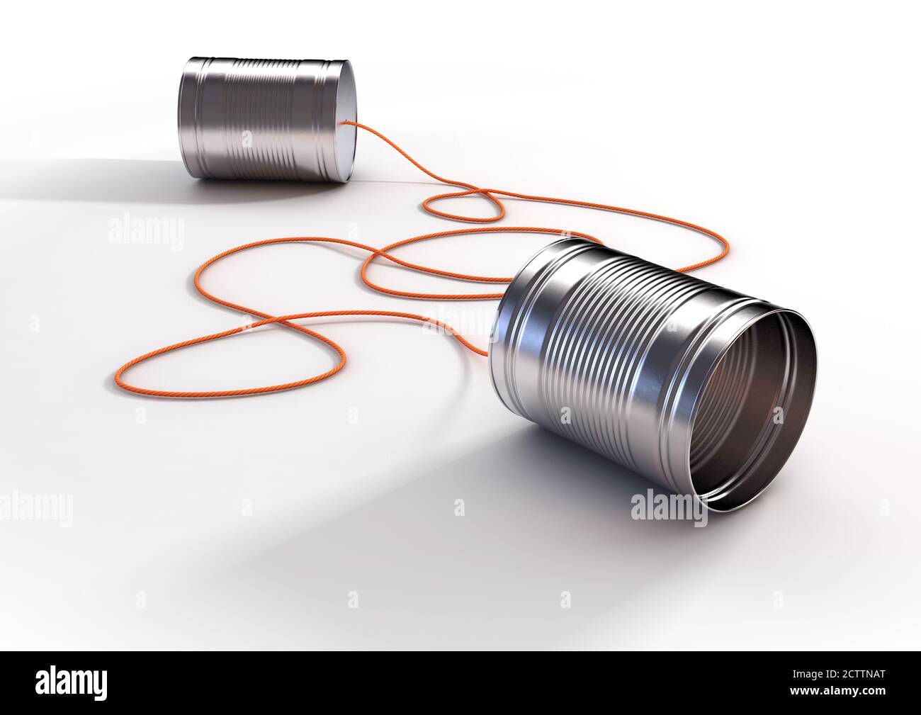 A pair of homemade toy telephones made from empty tin cans and ...