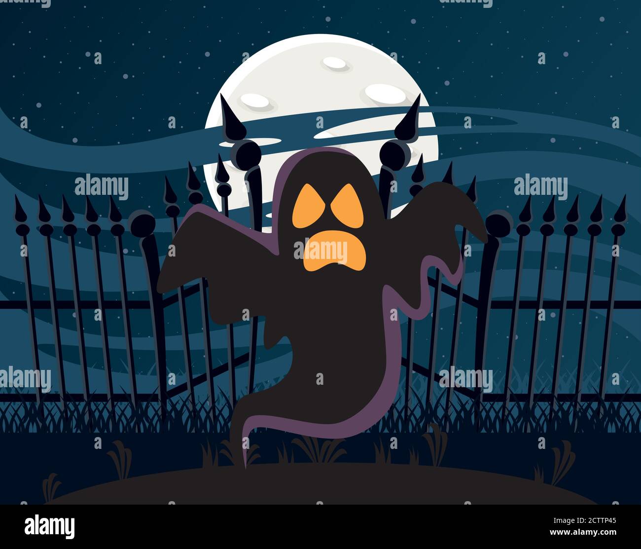halloween ghost floating with fence gate vector illustration design ...