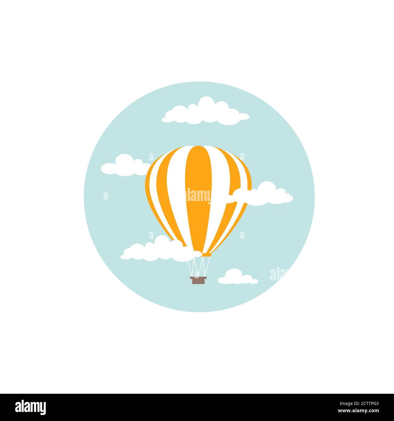 Orange hot air balloon flying in the turquoise sky with clouds. Flat ...