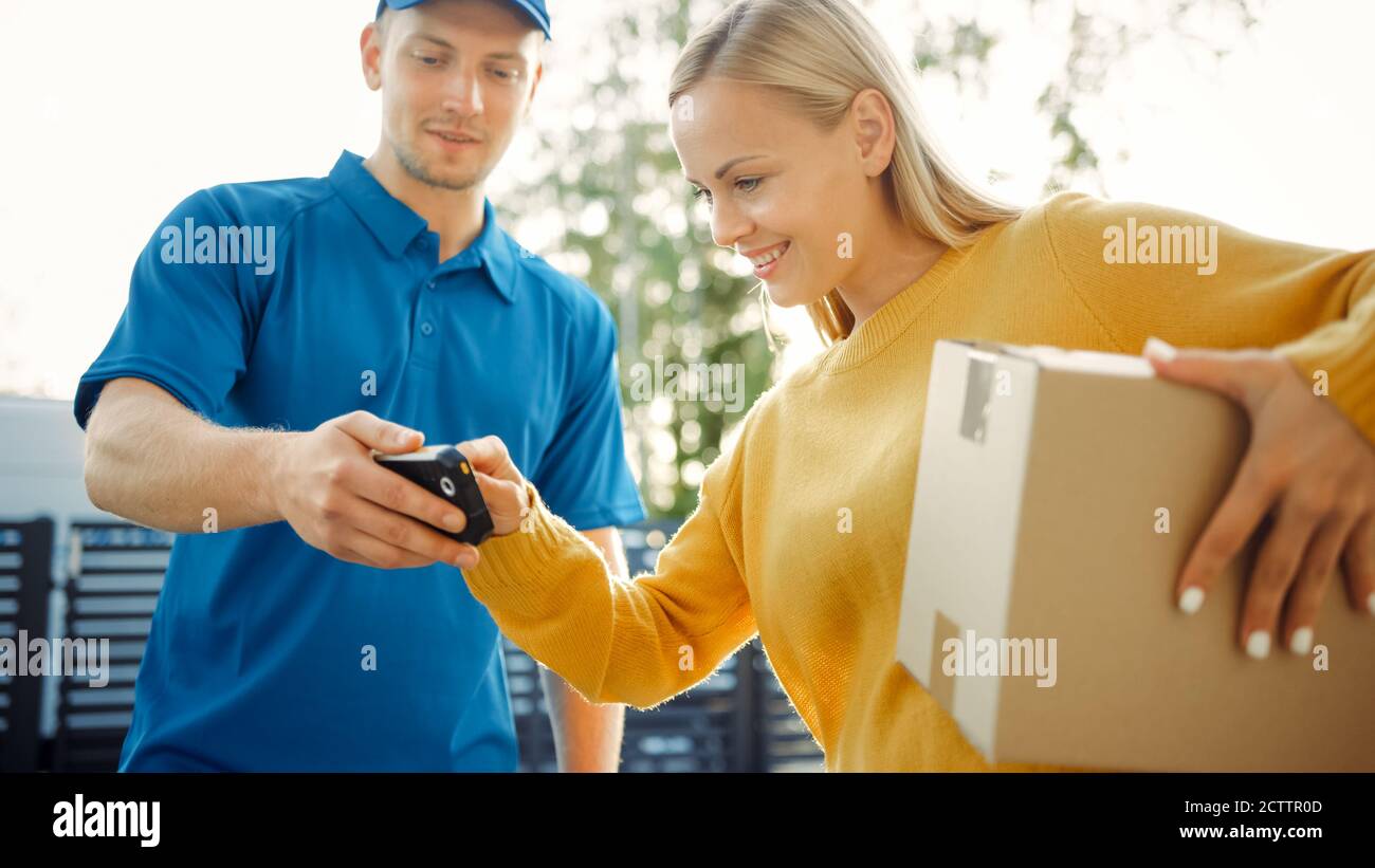 Beautiful Young Woman Meets Delivery Man who Gives Her Cardboard Box ...