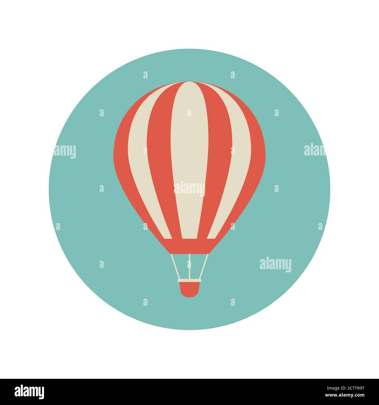 Red retro hot air balloon in the turquoise circle. Flat cartoon icon ...