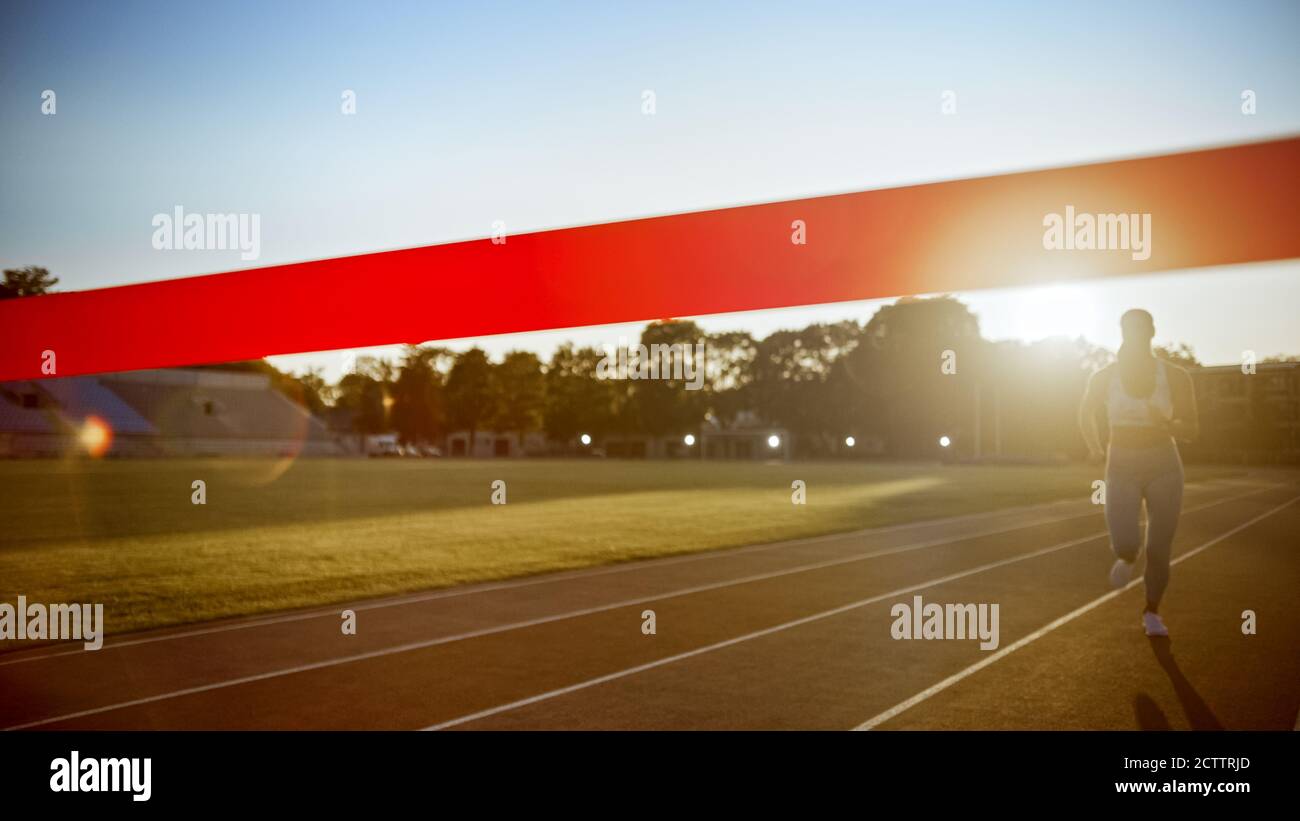 Beautiful Fit Female Runner Run Before Crossing the Finish Line on a ...