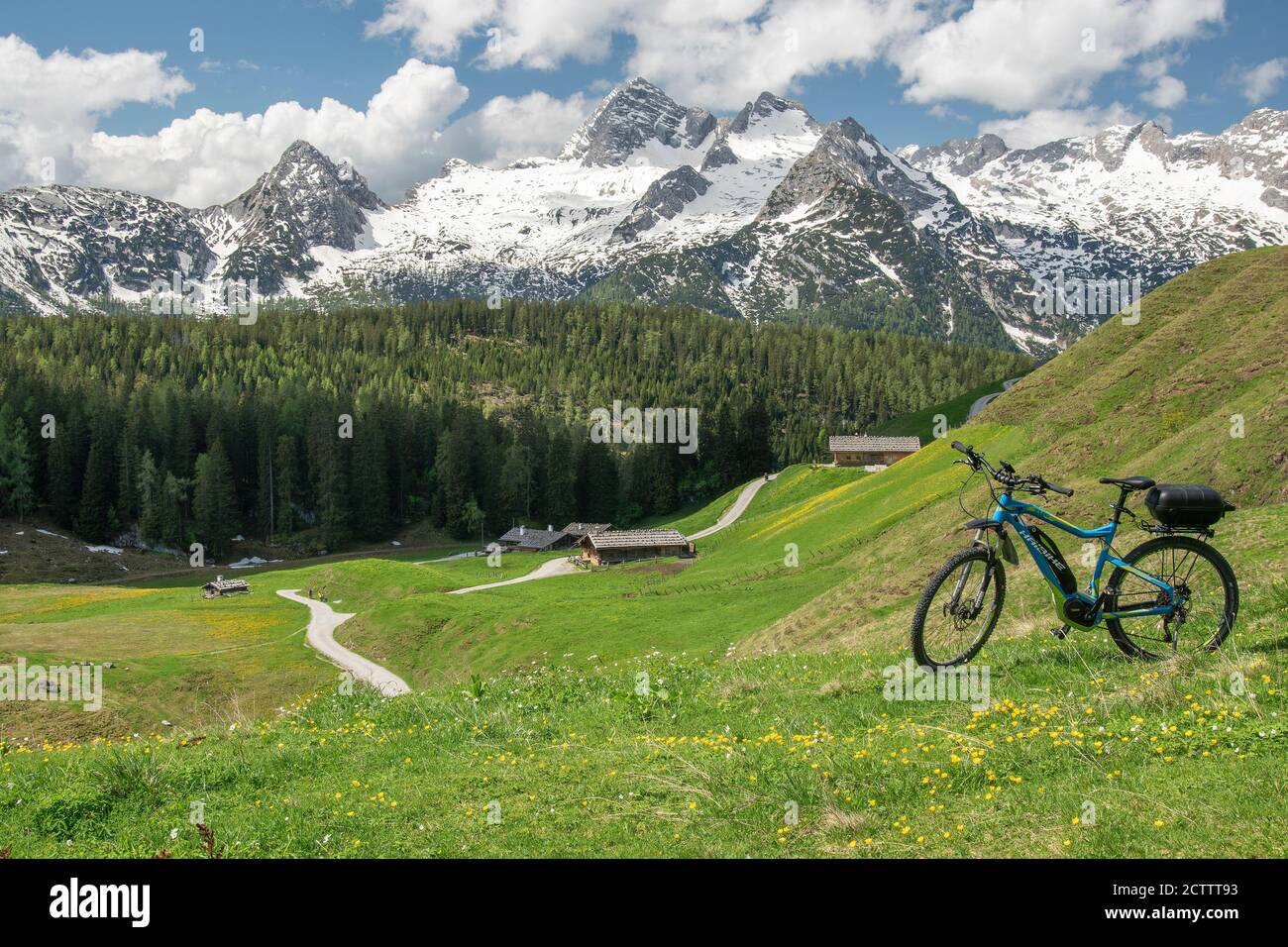 Pedelec on alpine pasture Kallbrunn Alm on the German-Austrian border ...